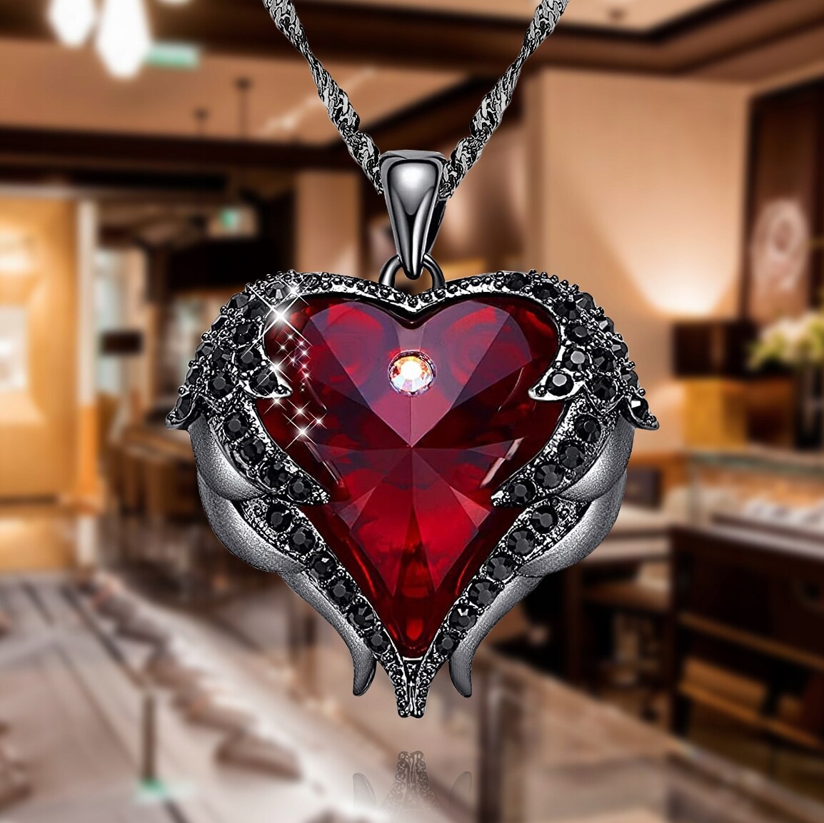 Colier dama, Mennica Bydgoska, Argint, Pandantiv inima, Negru/Rosu ...