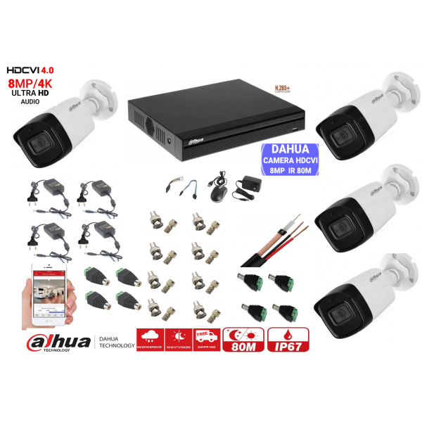 Kit 4 camere supraveghere Bullet 8MP 4K HDCVI, IR 80m Dahua si DVR 4 canale 8MP 4K HDCVI Dahua ...