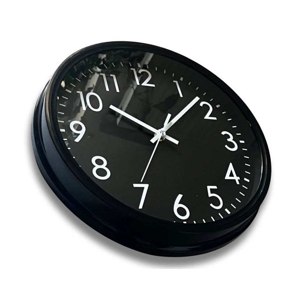 Ceas de perete analog cu cifre mari albe, rotund, plastic, negru, 30 cm ...