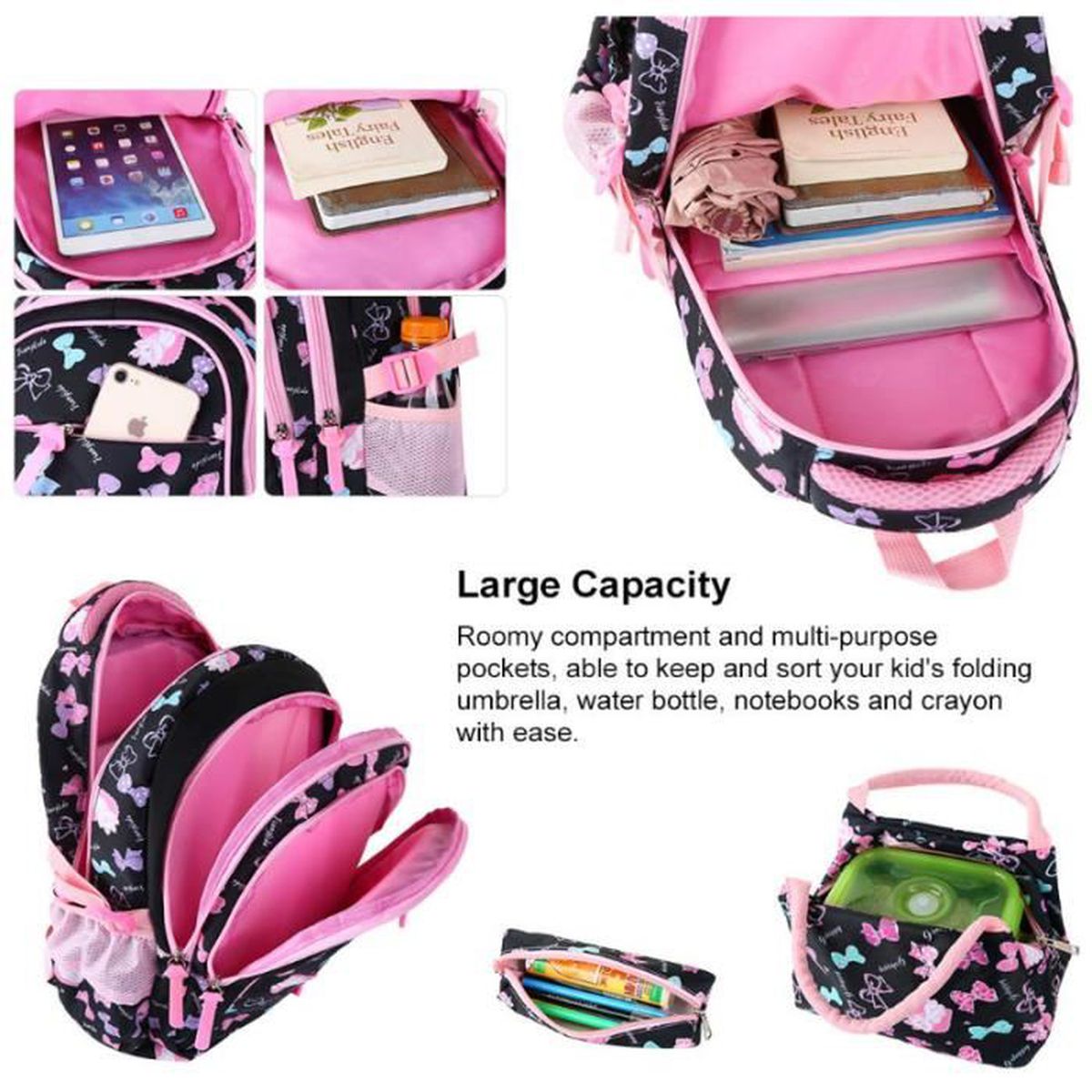 Rucsac pentru copii, Curele captusite, Nailon, Impermeabil，Roz/Negru ...