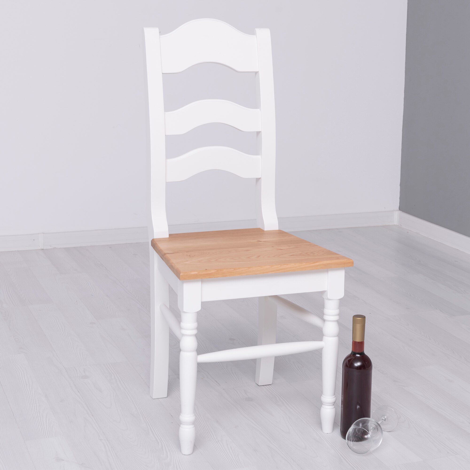 Scaun cu blat stejar, vopsit, culoare alb, top maro, 100% lemn masiv ...