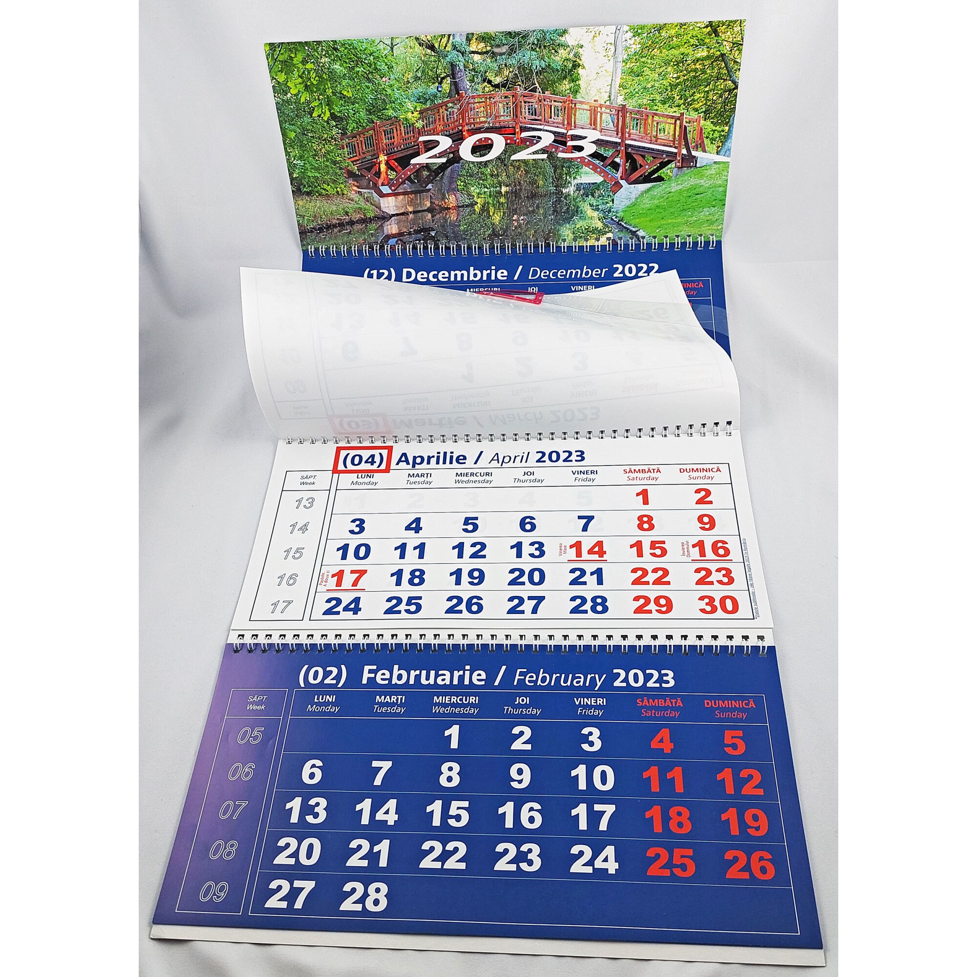 Calendar 2023 de perete, triptic pliabil, Albastru cu Rosu cu 3 luni si ...