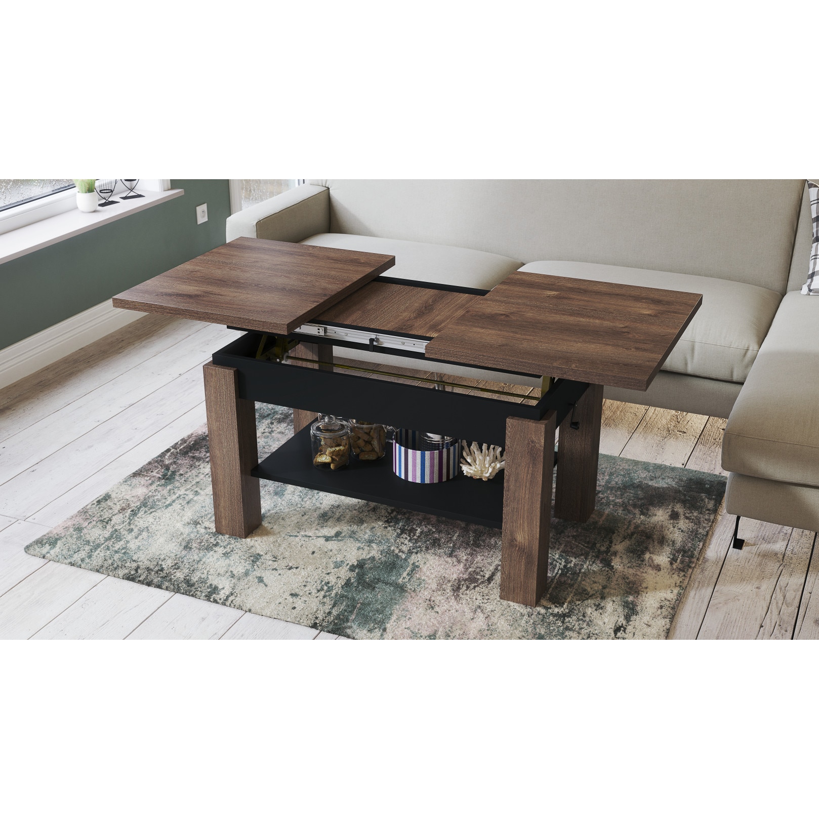 Masa de cafea extensibila, ASTORIA Stejar Maro / Negru, 150 cm x 68 cm ...