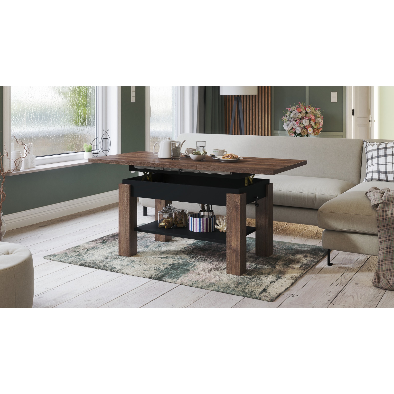 Masa de cafea extensibila, ASTORIA Stejar Maro / Negru, 150 cm x 68 cm ...