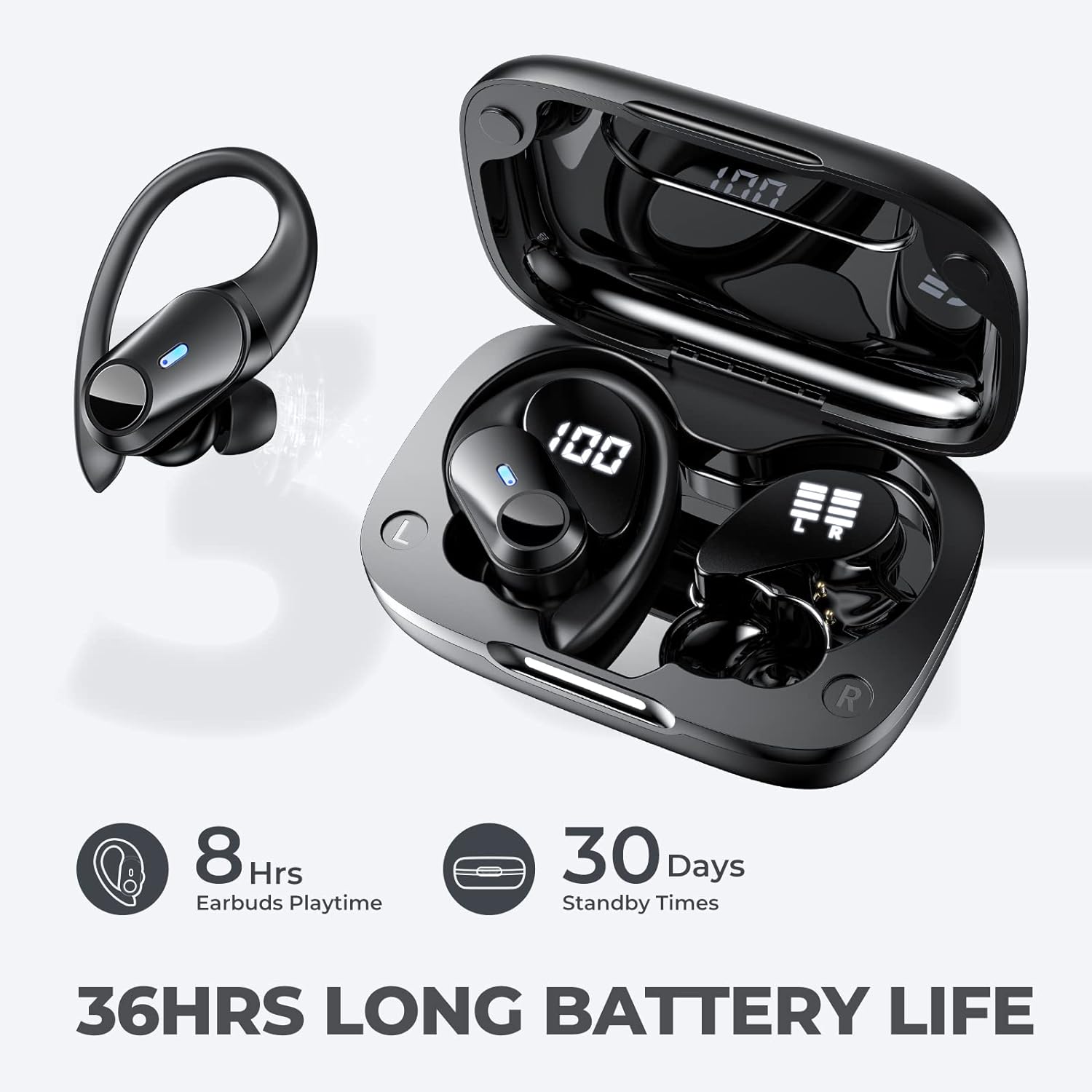 Спортни безжични слушалки, Techmoon, Bluetooth 5.0, LED дисплей, HD ...