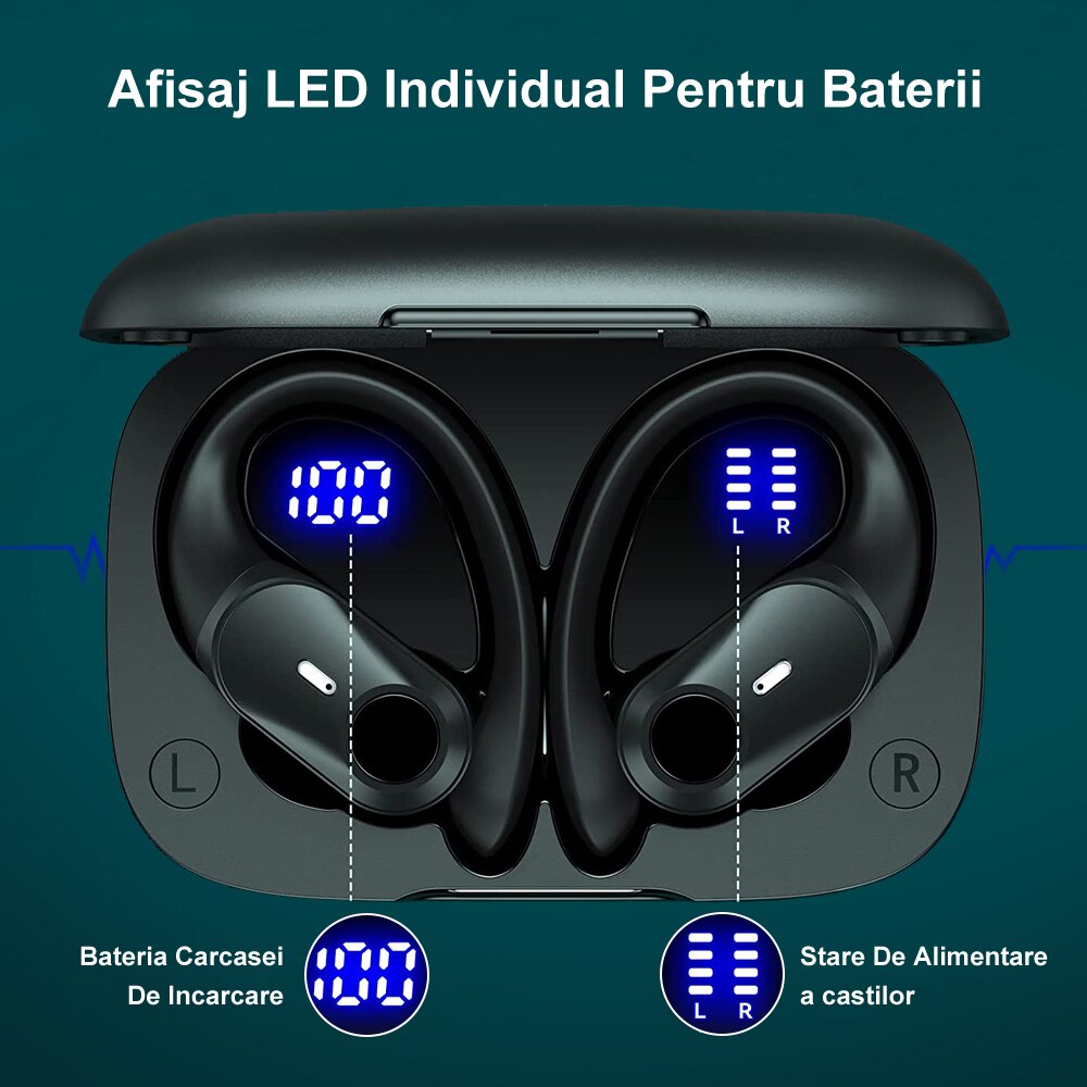 Casti wireless fara fir Sport, Techmoon®, Afisaj LED, Microfoane HD ...