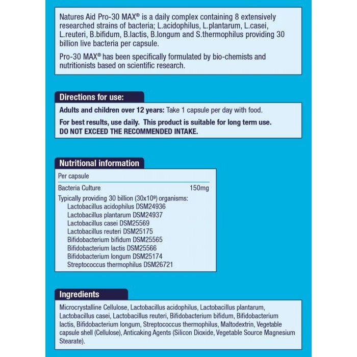 Complex probiotice Pro-30 Max Natures Aid cu 30 de miliarde de bacterii ...