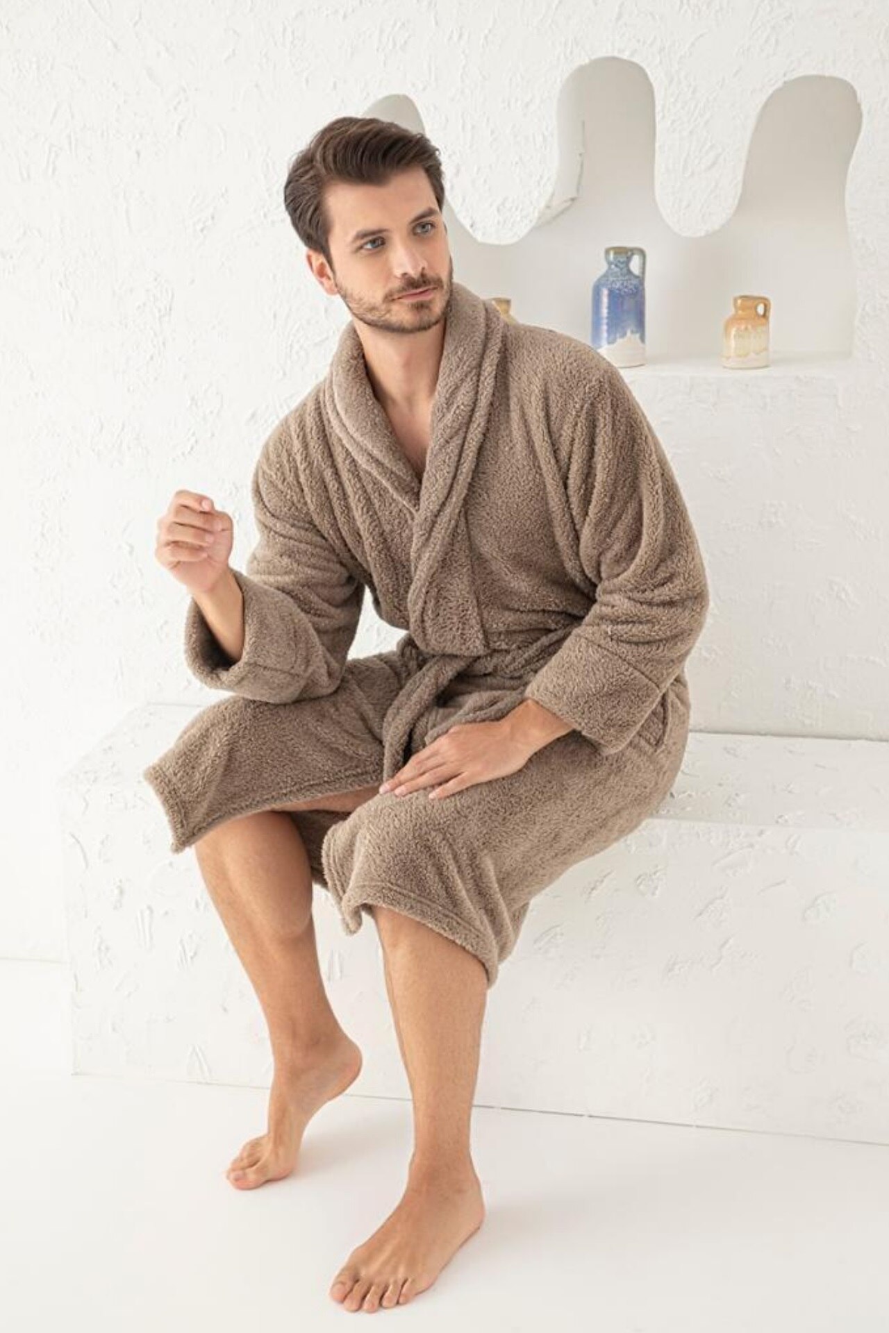 Halat barbat cocolino, material moale si pufos, cu buzunare, maro, XL ...