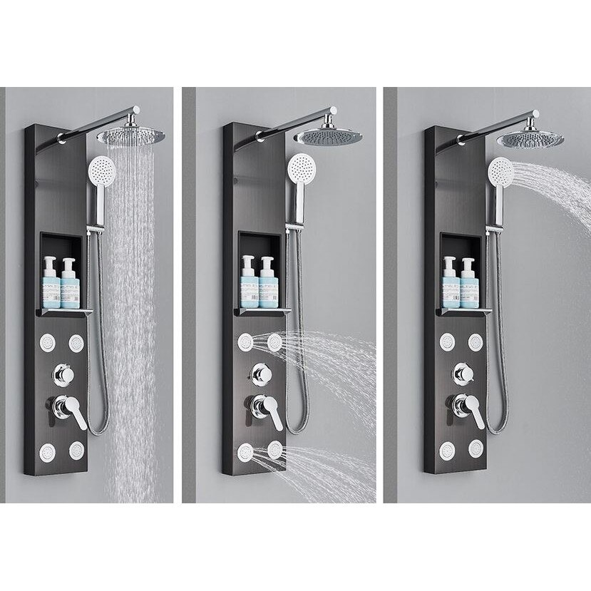 Panel de dus cu suport integrat, din otel inoxidabil, Negru, functie ...