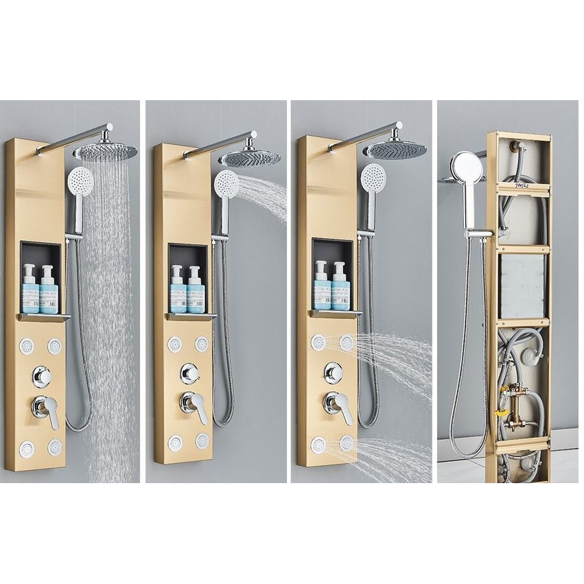 Panel de dus cu suport integrat, din otel inoxidabil, Gold, functie ...
