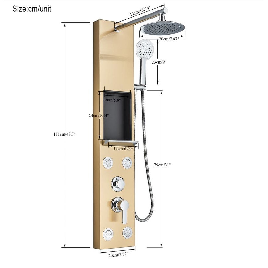 Panel de dus cu suport integrat, din otel inoxidabil, Gold, functie ...