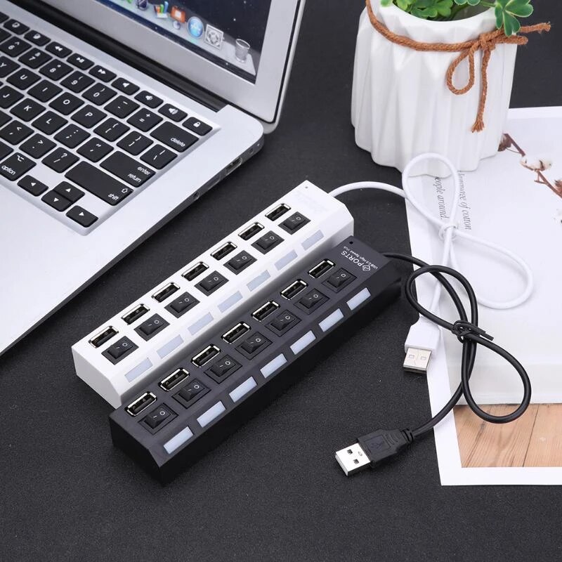 Hub USB, 7 porturi USB 2.0 High Speed, Buton individual On/Off ...