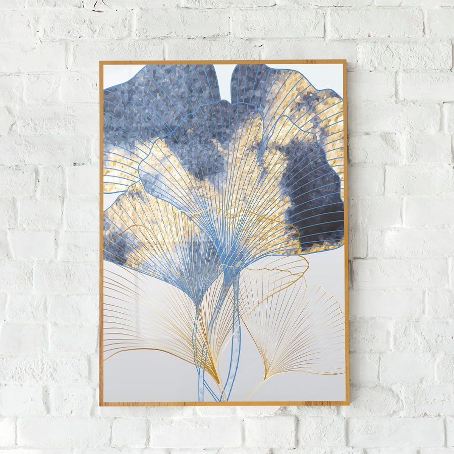 Tablou Poster Inramat, Blue and Gold Leaves, 50x 70 cm, Rama Aurie ...