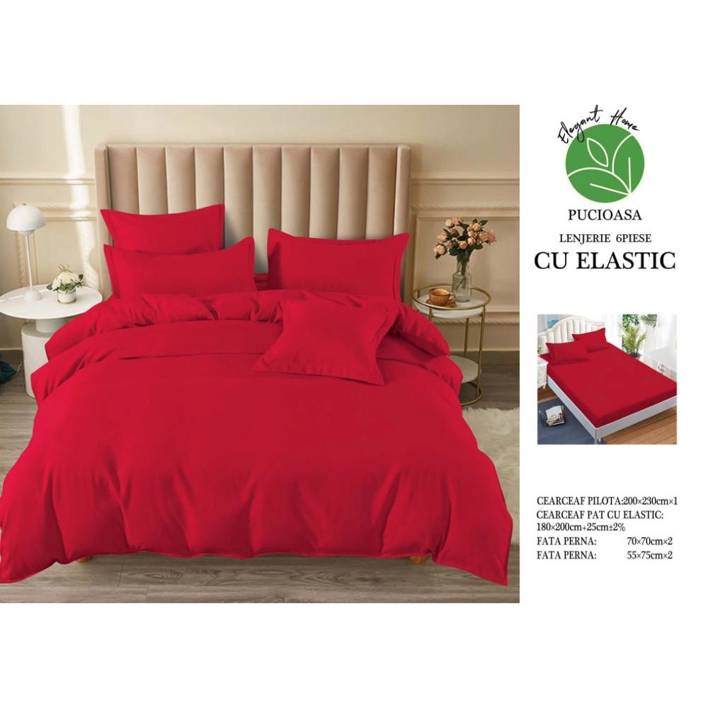 Set lenjerie de pat dublu, 6 Piese, Uni, Pucioasa, Bumbac Finet, Cearceaf de pat cu elastic 180 ...