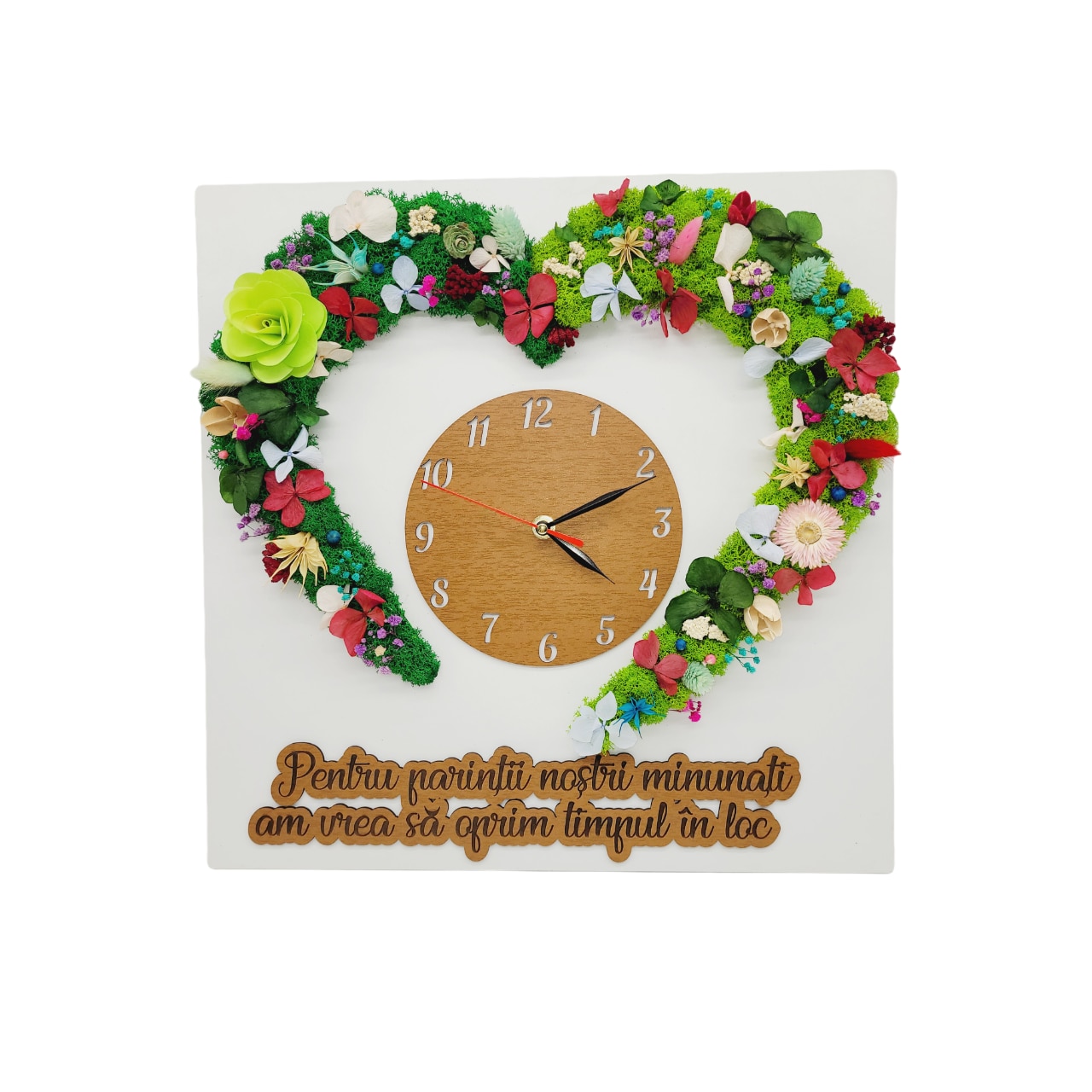 Ceas inima "Pentru parintii nostri", decorat cu licheni si flori ...