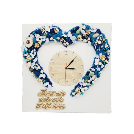 Ceas inima "Acasa", decorat cu licheni si flori stabilizate, 40x40 cm ...