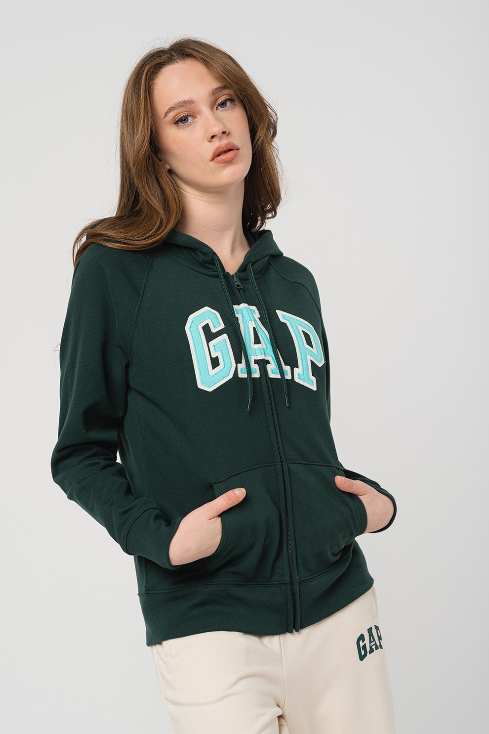 GAP, Худи с цип и пришито лого, Тъмнозелен, Мръснобял, Светло синьо, XS - eMAG.bg