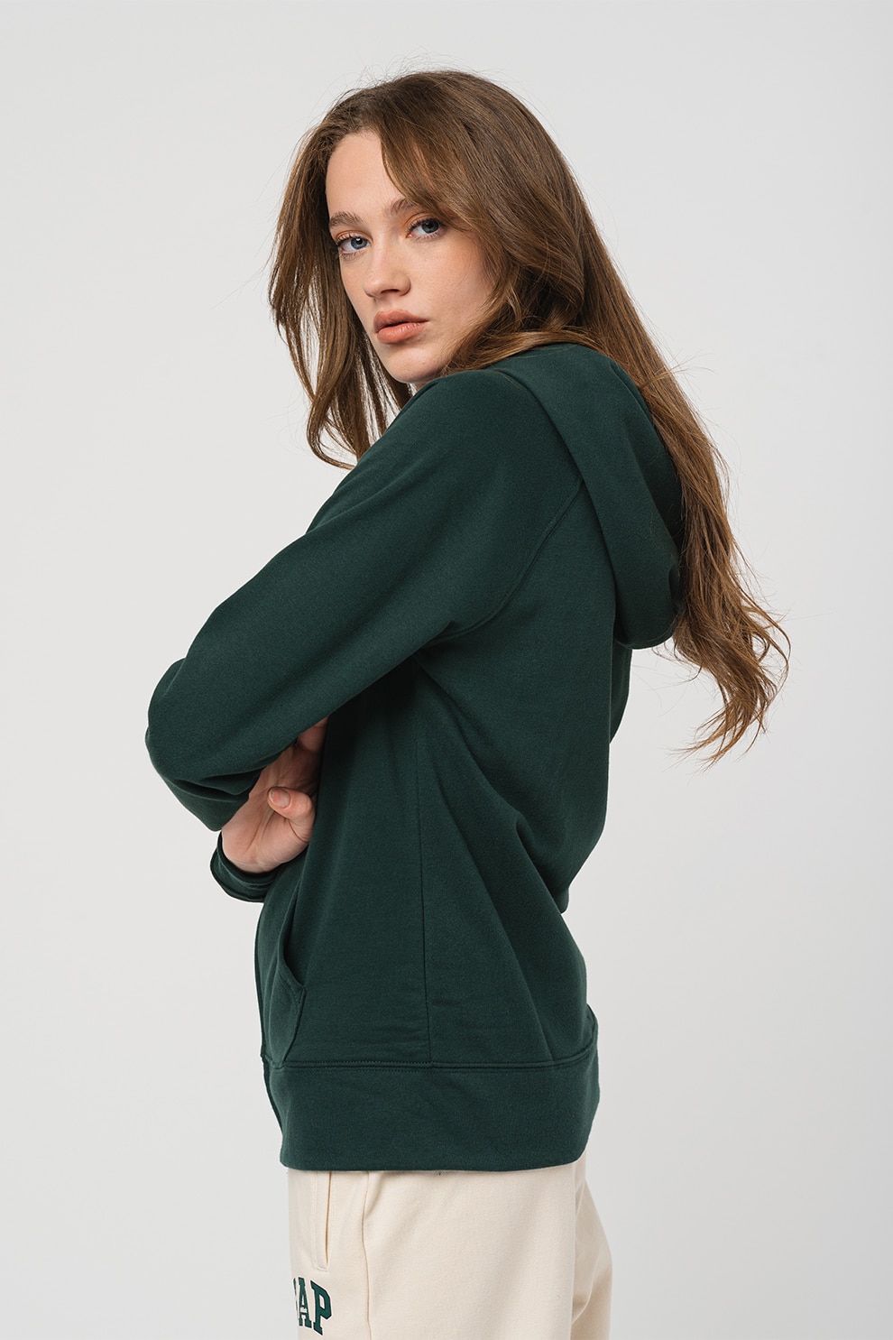 GAP, Худи с цип и пришито лого, Тъмнозелен, Мръснобял, Светло синьо, XS - eMAG.bg
