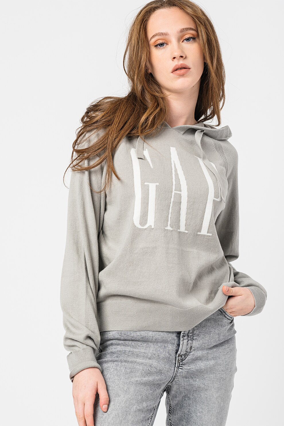 GAP, Памучно худи с лого, Бял, Пепеляво сиво, 2XL - eMAG.bg