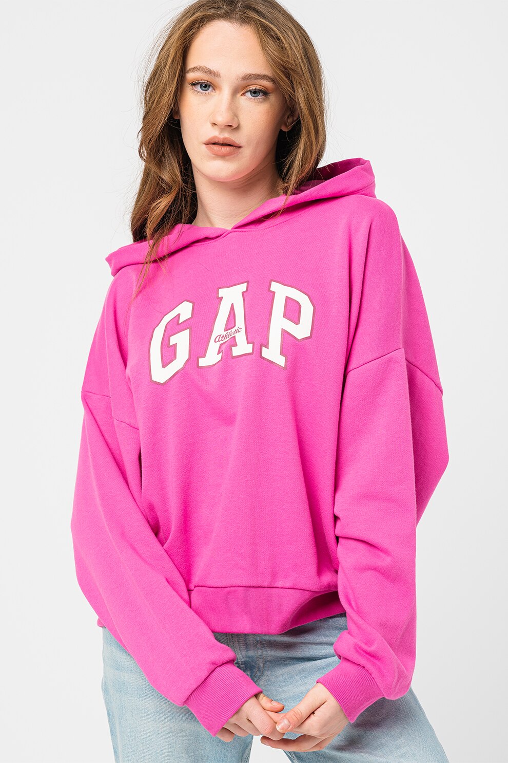 GAP, Худи с лого и паднали ръкави, Бял, Фуксия, M - eMAG.bg