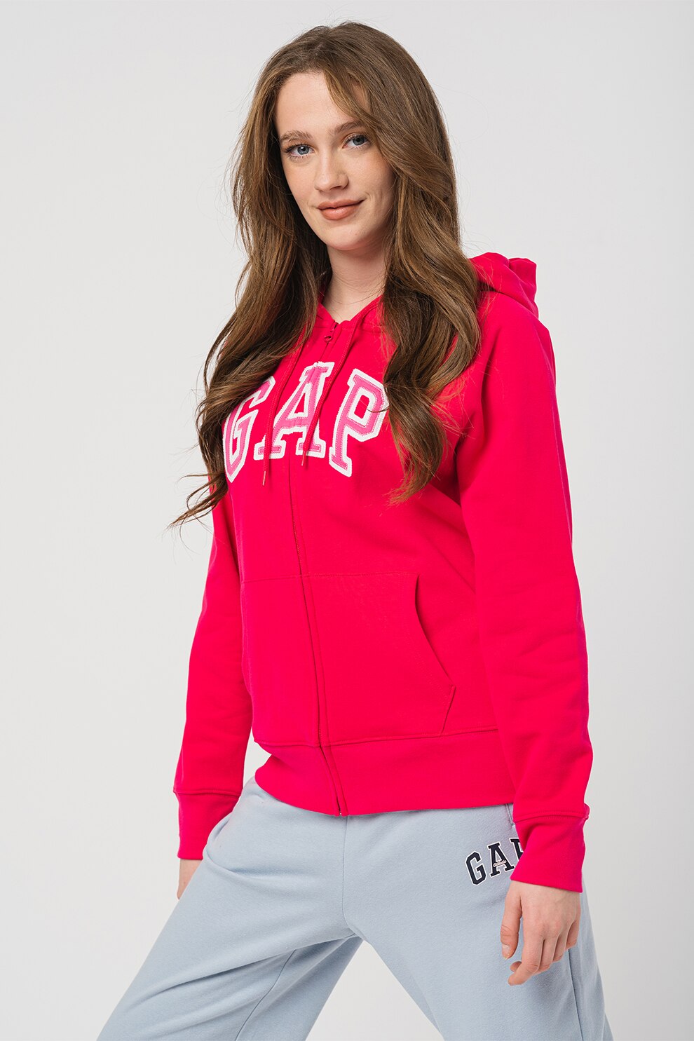 GAP, Худи с цип и пришито лого, Бял, Фуксия, S - eMAG.bg
