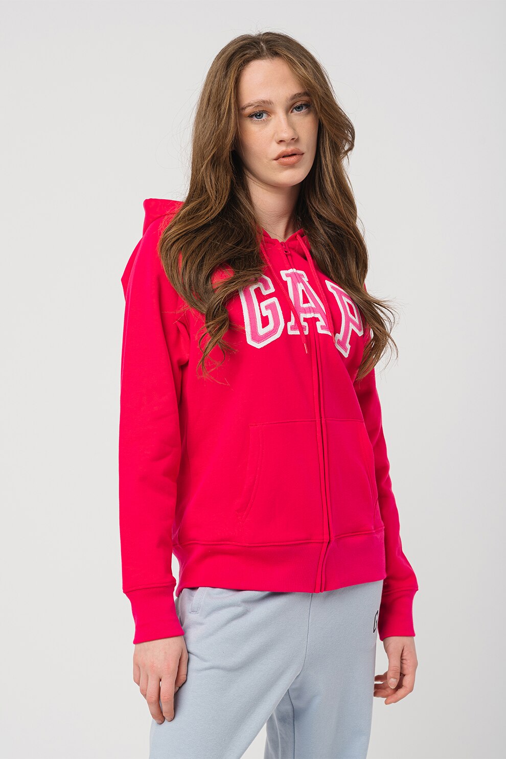 GAP, Худи с цип и пришито лого, Бял, Фуксия, S - eMAG.bg