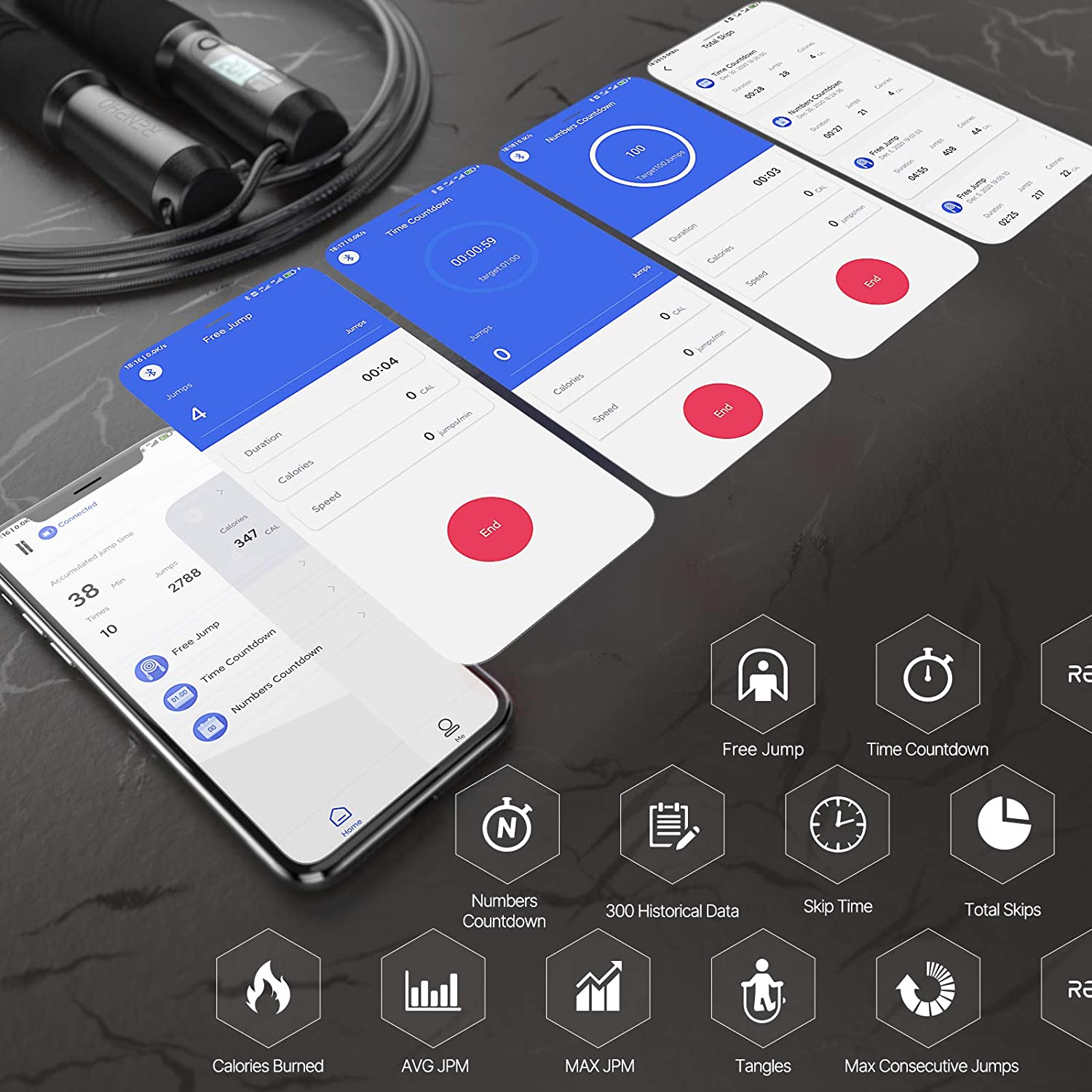 Set coarda pentru sarit Smart Renpho Q001, 4 moduri, Bluetooth, analiza datelor in aplicatie ...