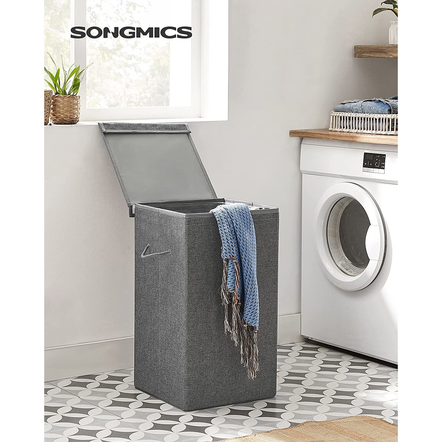 Cos de rufe 85L, SONGMICS,36 x 36 x 66 cm, despartitor de rufe cu capac ...