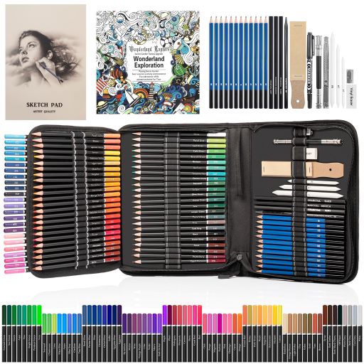 Set creioane pentru desen, schite, 100 de piese, colorate, cu carti de ...