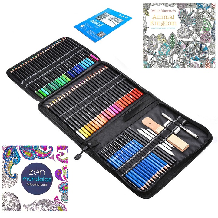 Set creioane pentru desen, schite, 100 de piese, colorate, cu carti de ...