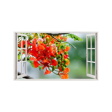 Autocolant decorativ, Fereastra, Arbori si flori, Multicolor, 83 cm ...