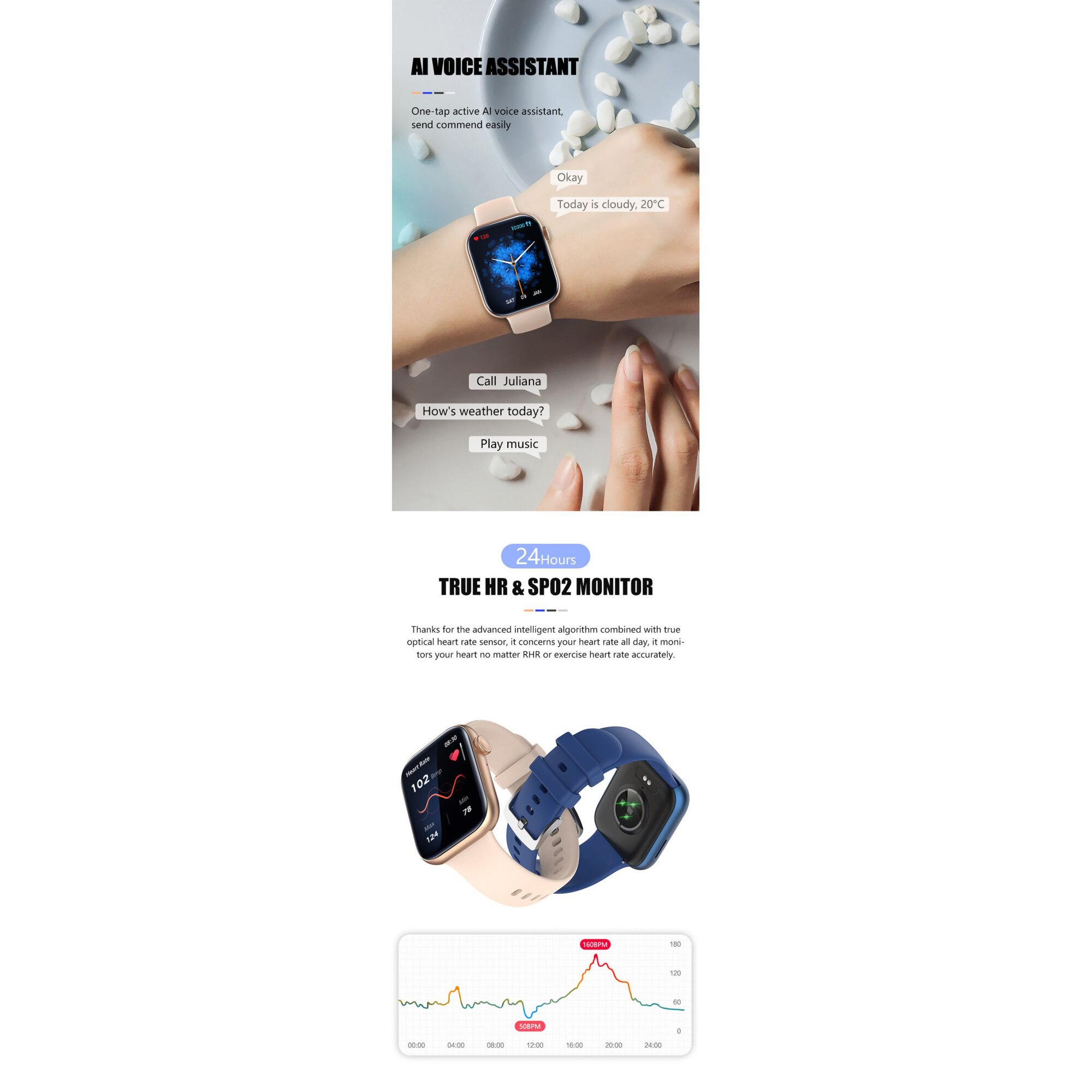 Ceas Smartwatch fitness, Unisex, Monitorizare somn, tensiune arteriala ...