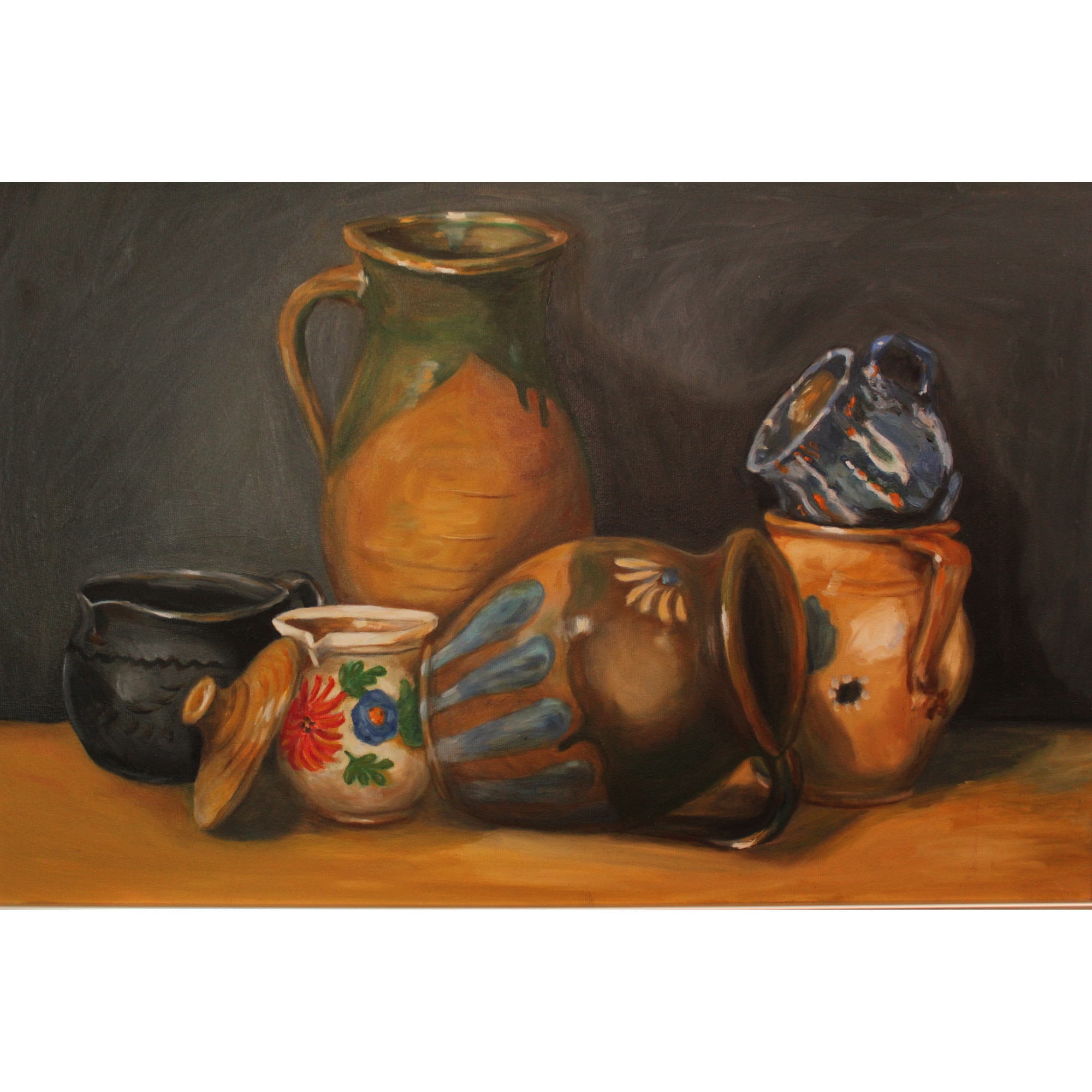 Tablou natura statica cu vase de lut, ulei pe panza, inramat, 72 x 52 ...