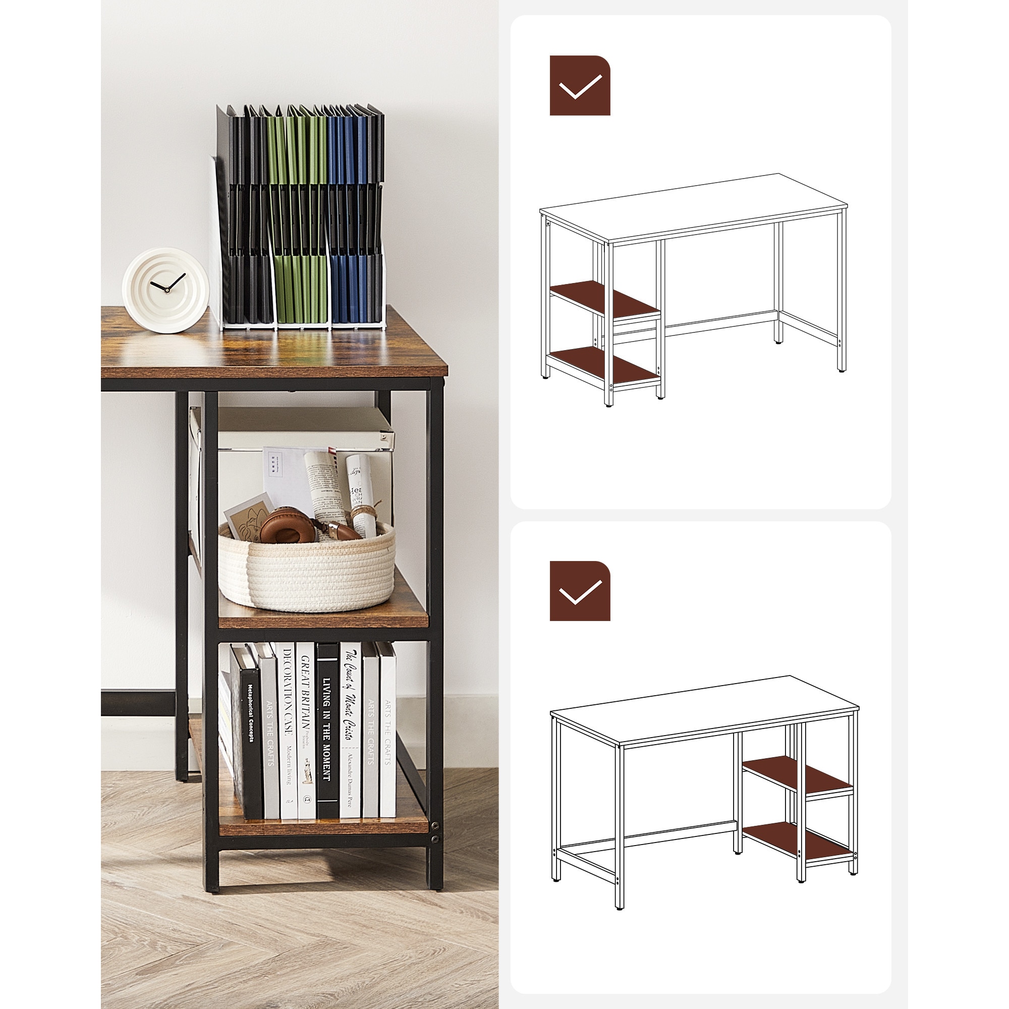 Birou cu depozitare, cu 2 rafturi reversibile, stil industrial, maro ...