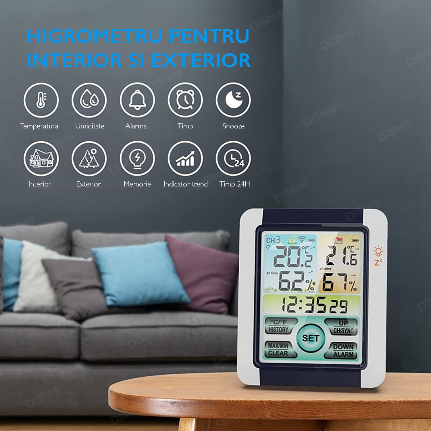 Termometru si higrometru de camera si exterior JustZen™ 8851, ecran ...