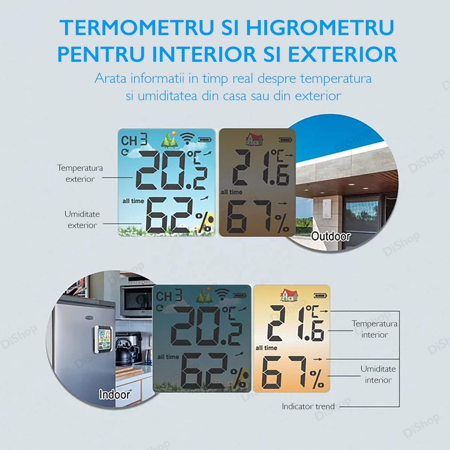 Termometru si higrometru de camera si exterior JustZen™ 8851, ecran ...
