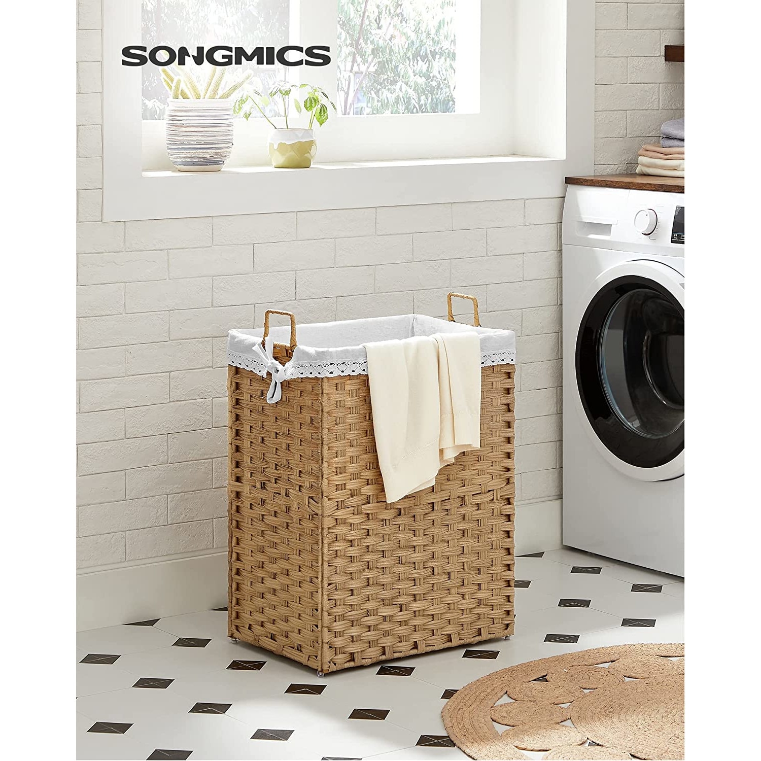 Cos de rufe murdare, SONGMICS, 90L, cos, cu saci de rufe, manere ...