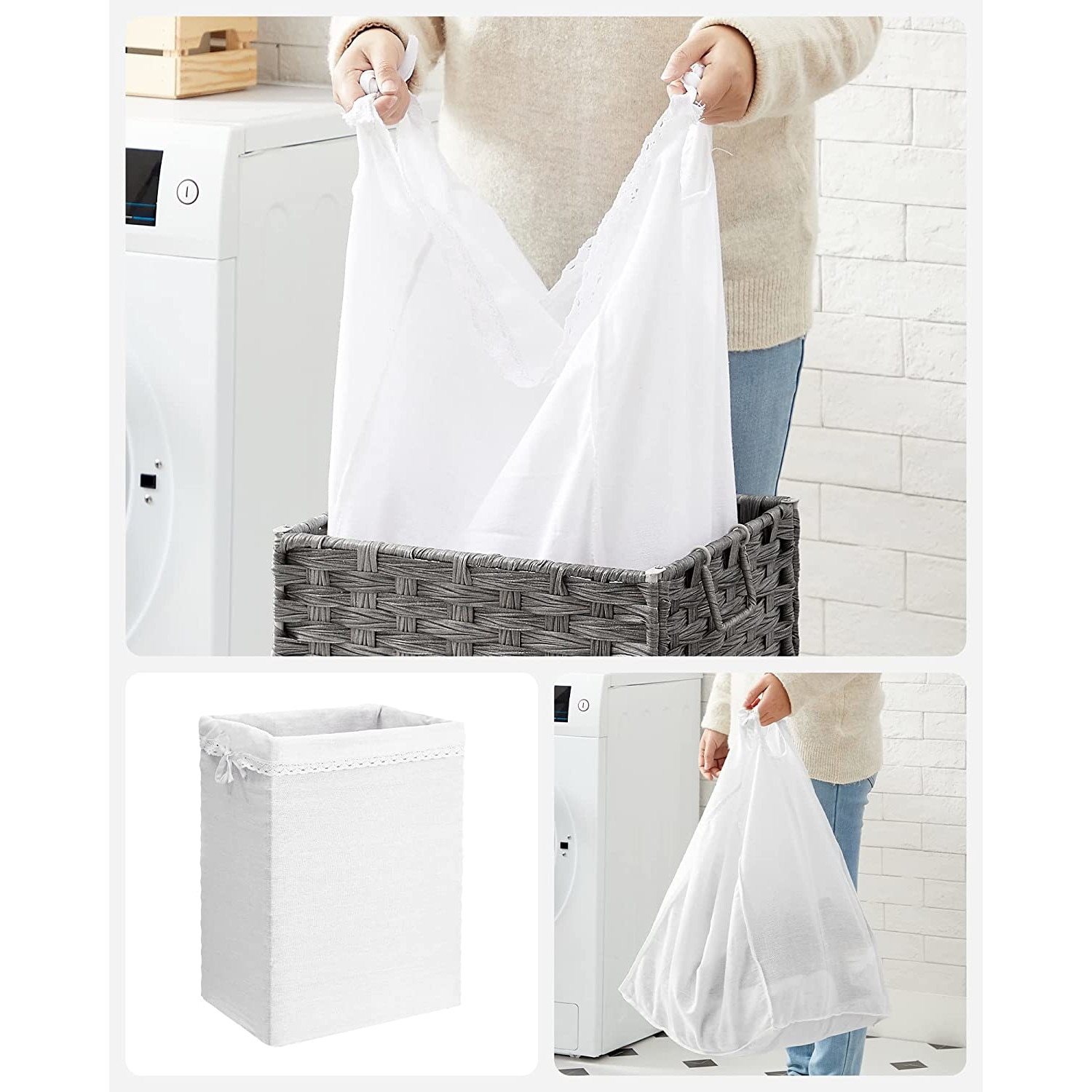 Cos de rufe murdare, SONGMICS 70L, cos, cu saci de rufe, manere ...