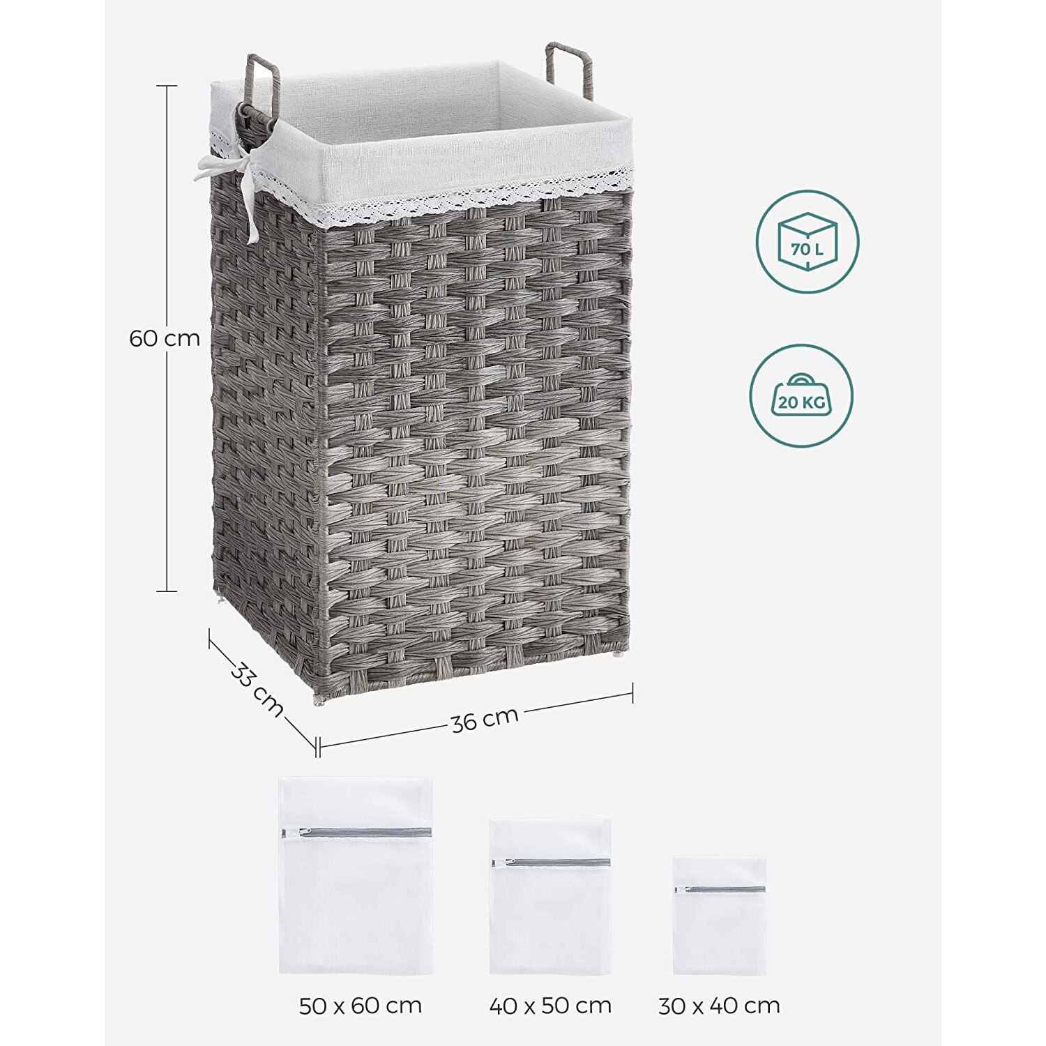 Cos de rufe murdare, SONGMICS 70L, cos, cu saci de rufe, manere ...