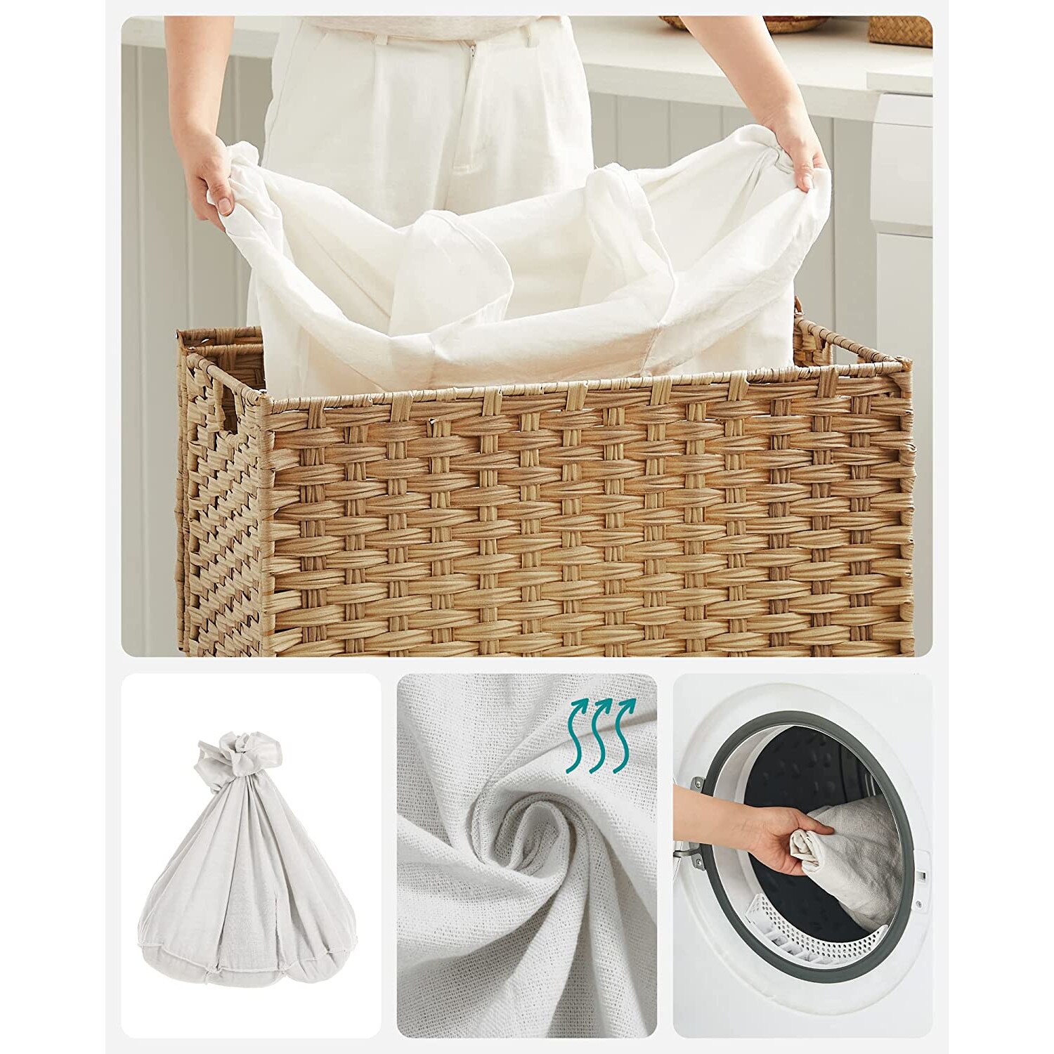 Cos de rufe tesut manual, SONGMICS, 140L, imitatie de ratan, 3 parti ...