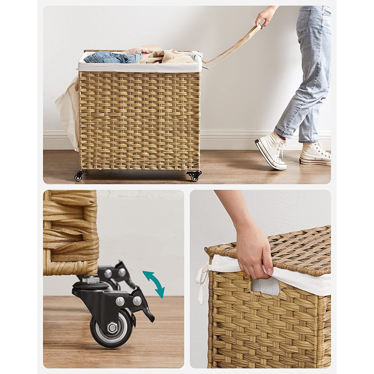 Cos de rufe tesut manual, SONGMICS, 140L, imitatie de ratan, 3 parti ...