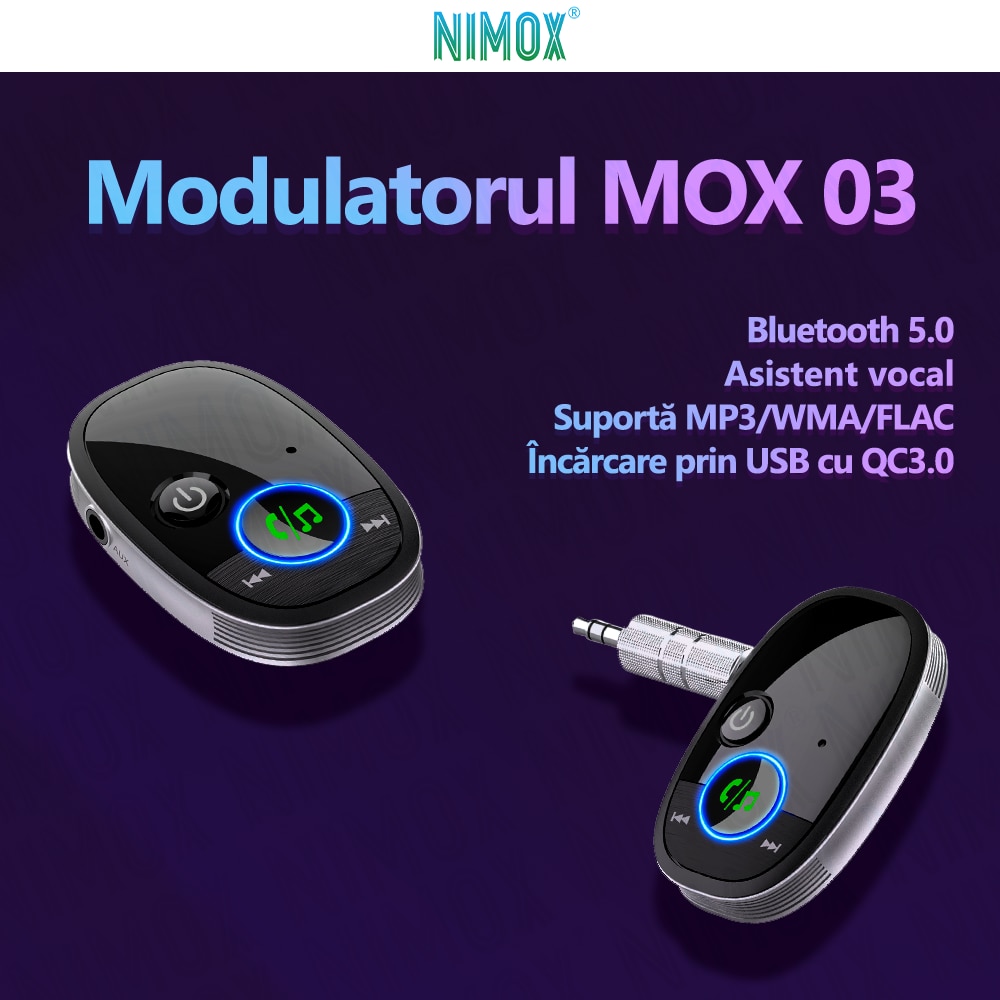 Adaptor Bluetooth 5.0 Nimox® - Receiver Audio, AUX 3.5 mm, Modulator FM ...