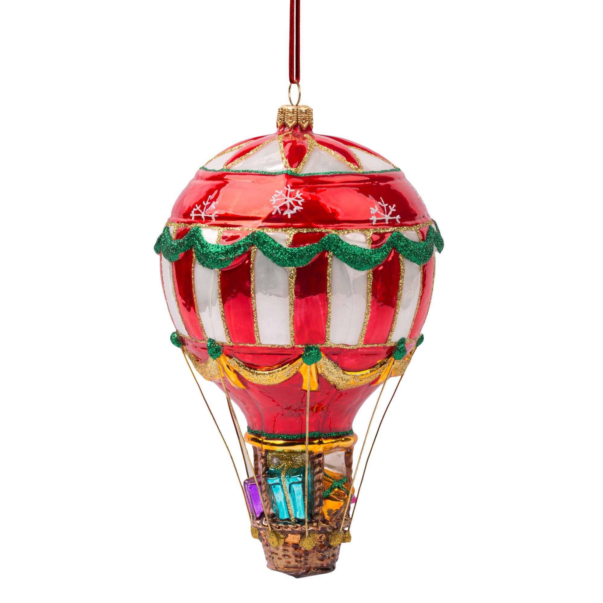 Ornament pentru brad din sticla suflat si pictat manual model Balon aer ...