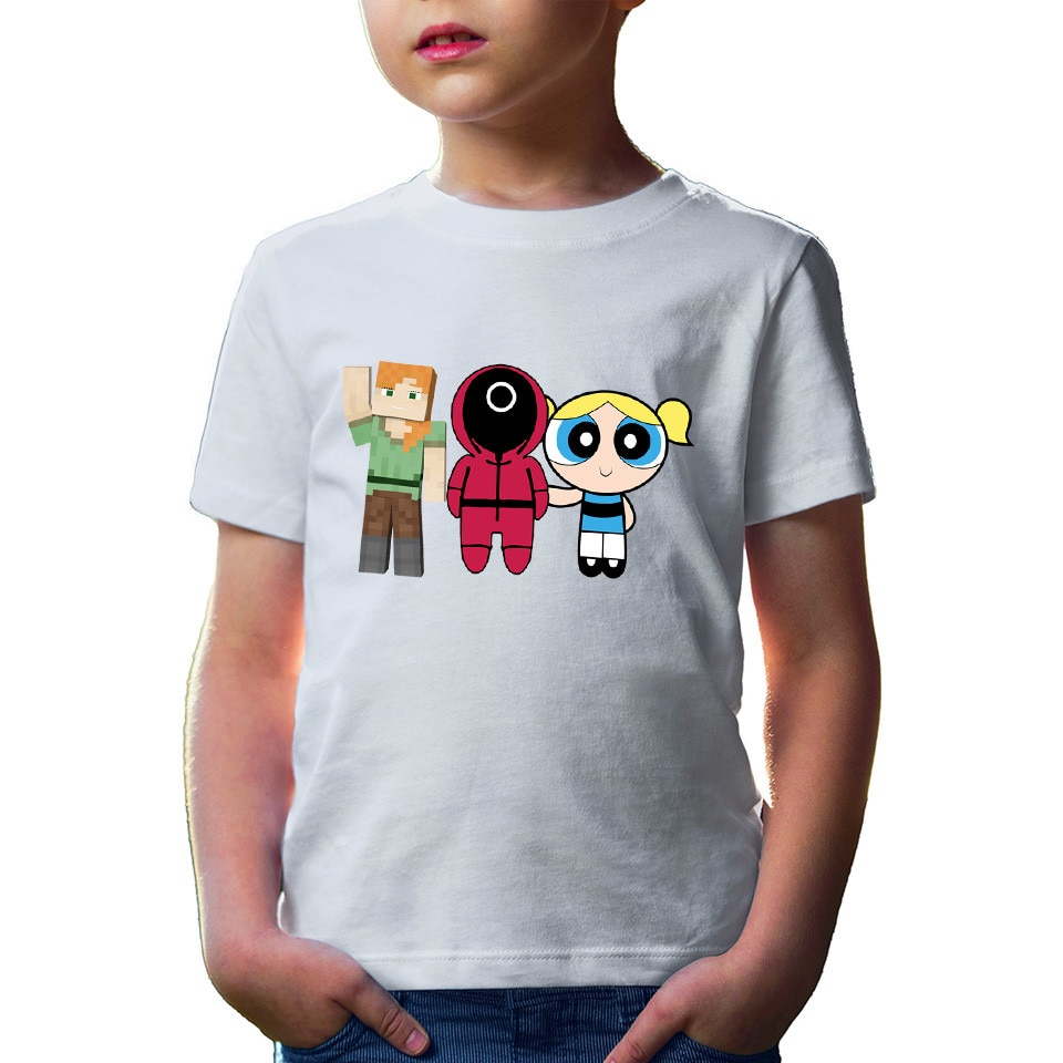 Тениска Детска Squid Game Family Powerpuff Girls Bubble Minecraft, Бял ...