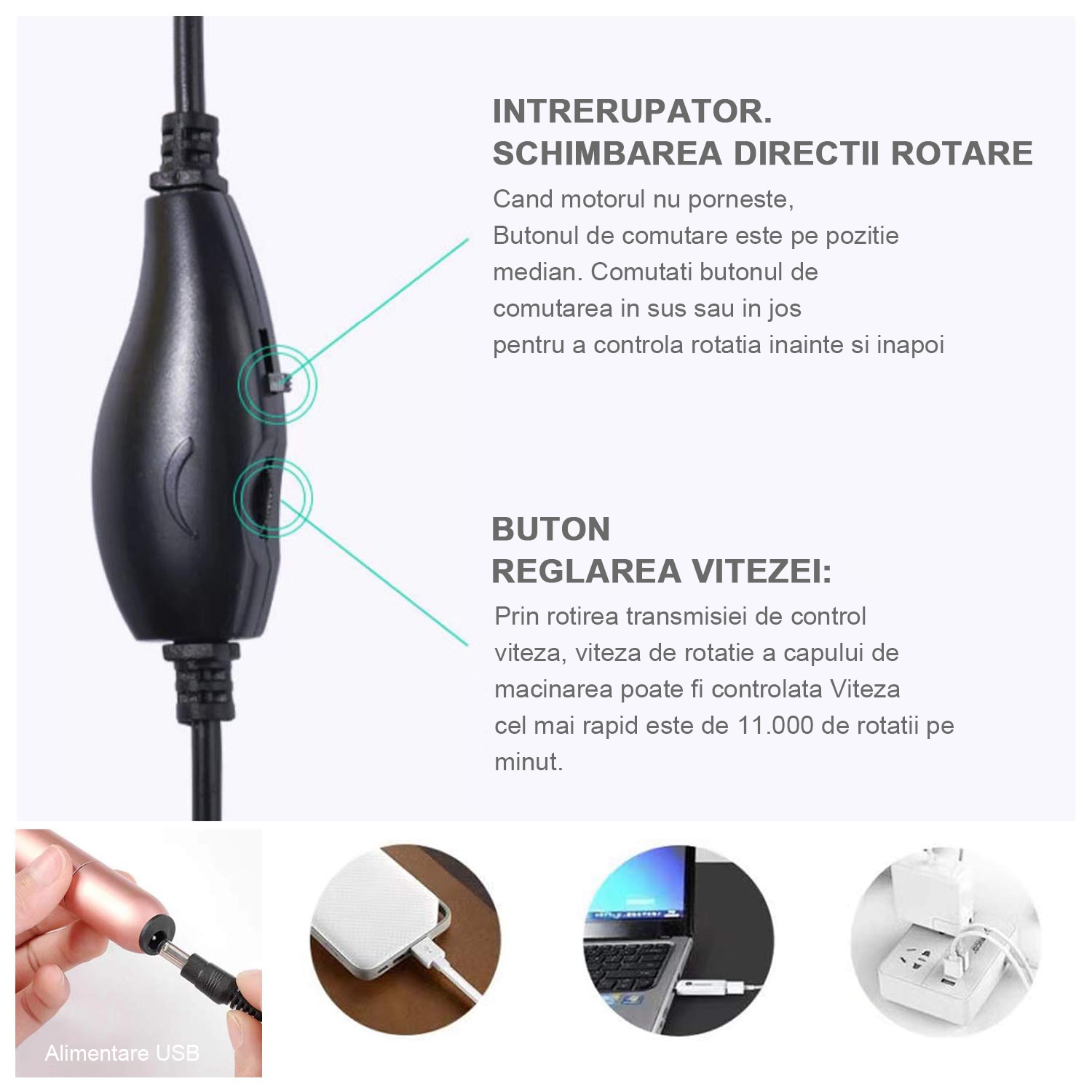 Freza unghii manichiura/pedichiura, Amtok, Viteza reglabila, USB, 20000 ...