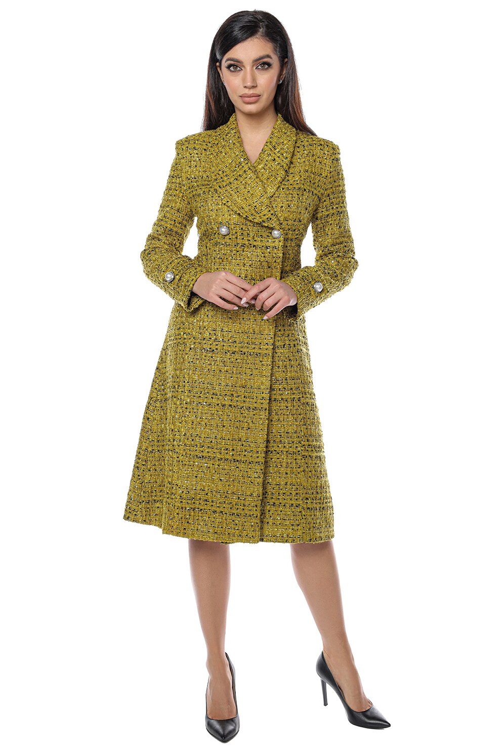 Miss One, Palton din amestec de lana si tuid, Galben, Negru, 44 - eMAG.ro