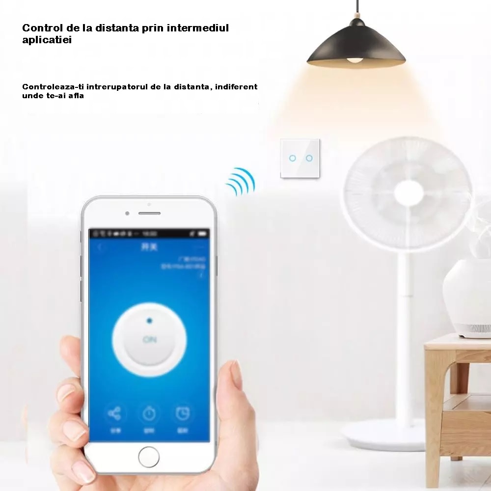 Intrerupator inteligent tactil, Wi-Fi, fara nul, 2 canale, 10A, din ...