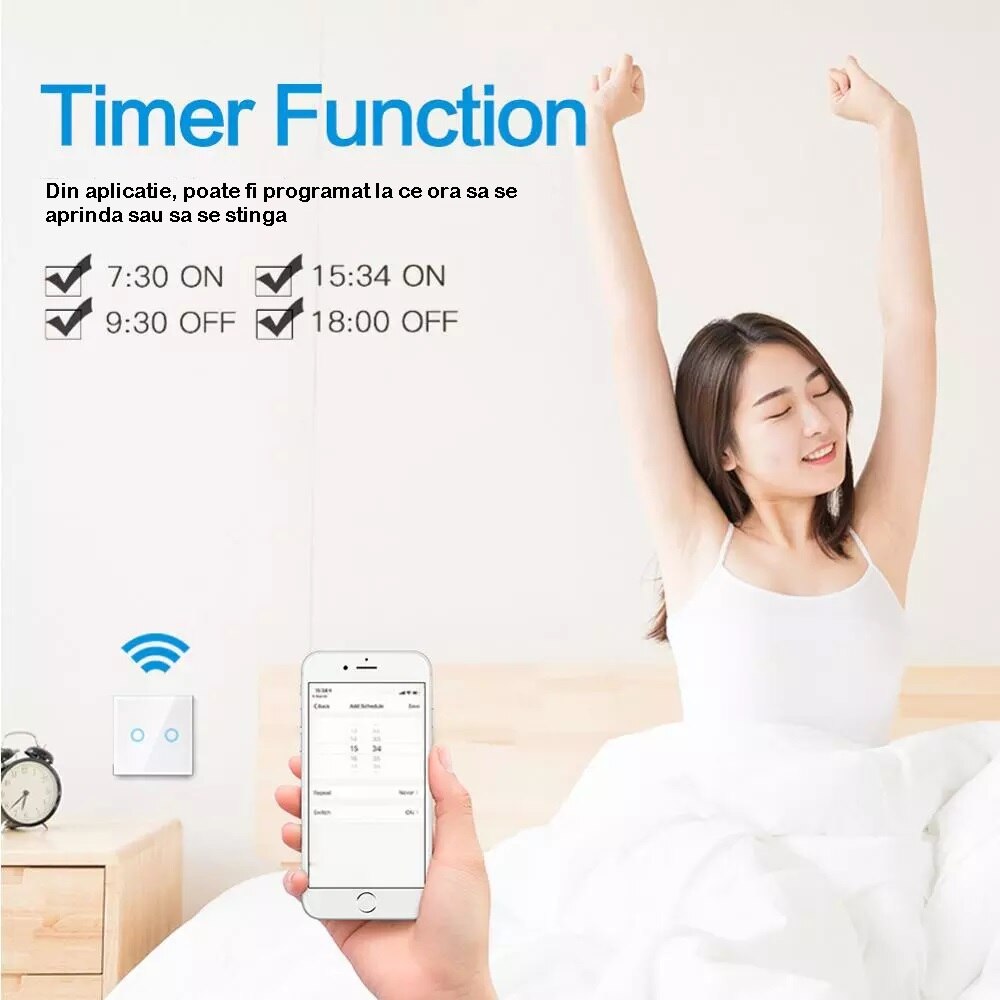 Intrerupator inteligent tactil, Wi-Fi, fara nul, 2 canale, 10A, din ...