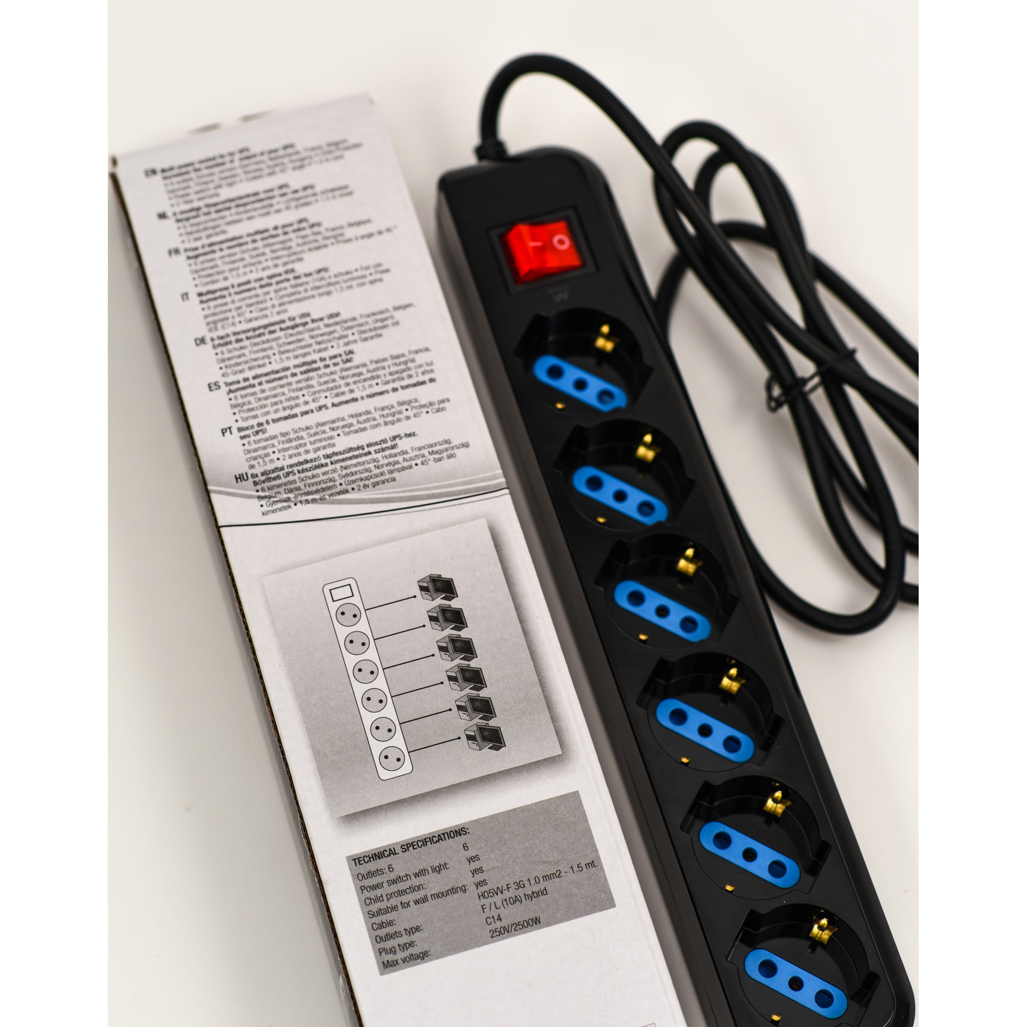 Prelungitor pentru UPS C14 cu 6 prize Schuko, cablu 1,5M, Negru - eMAG.ro