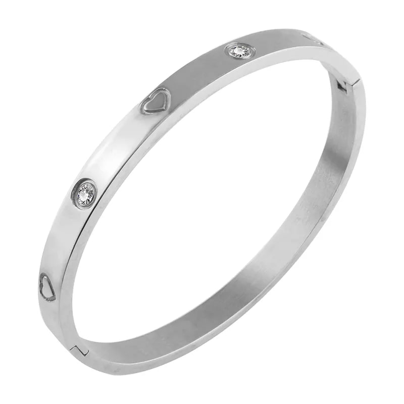 Bratara de dama tip Bangle fixa, model cu pietre zirconiu si inimoare ...